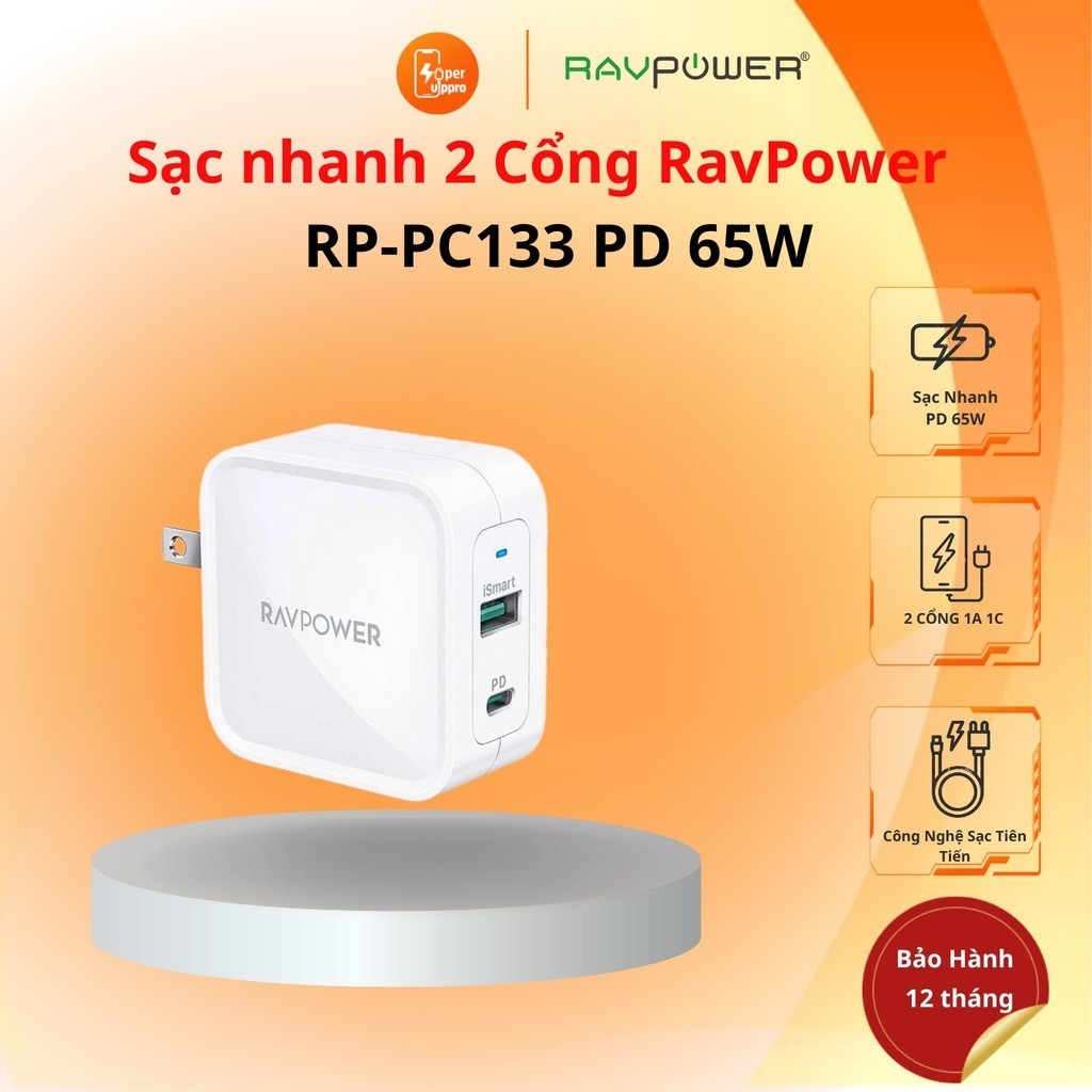 [GIAO HỎA TỐC] Củ Sạc RAVPOWER 2 cổng - 65W PD [GaN tech] RP-PC133/RP-CPCN002 Chân Gập-Bảo hành ...