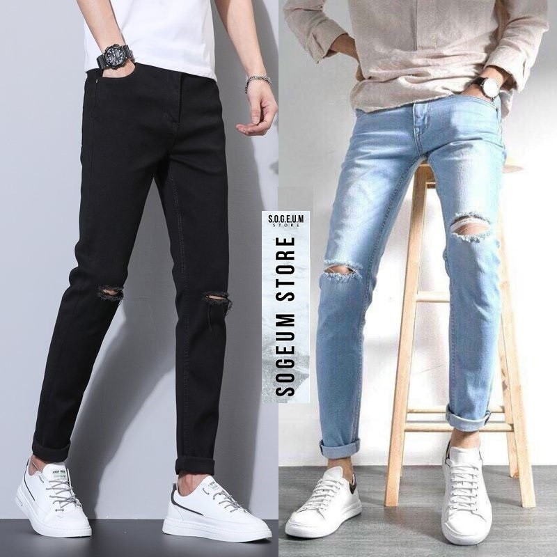 Quần bò jean nam rách gối co giãn dáng skinny màu xanh đen chính hãng ...
