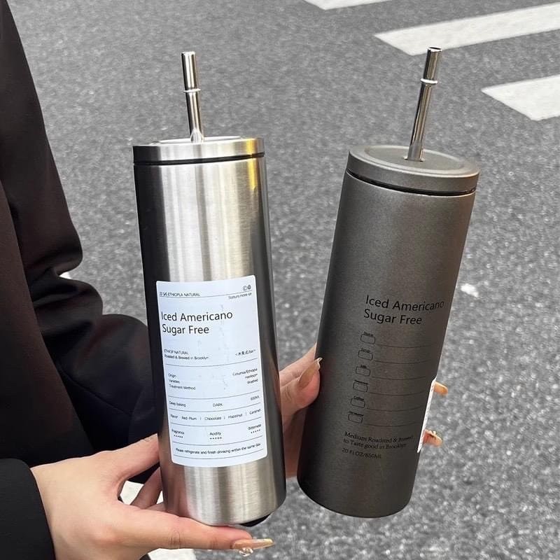 ( Mẫu Mới 2024) Bình đựng nước giữ nhiệt Iced Americano có ống hút dung tích 600ml, Ly cốc giữ ...