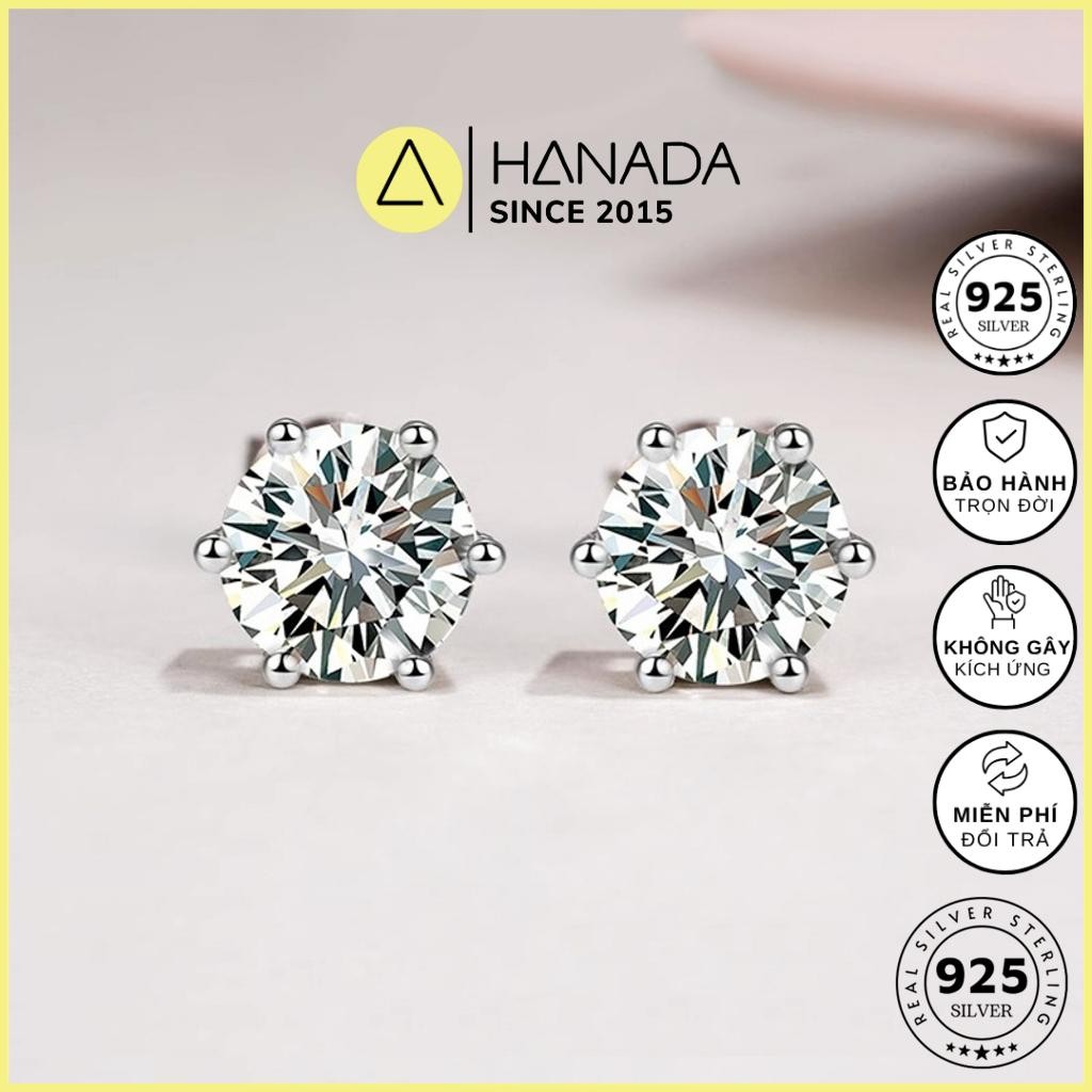 Bông Tai Bạc Hanada Đá CZ 6A Chuẩn 120 Lát Cắt 6 Chấu Siêu Lấp Lánh Không mờ Khuyên Nụ Trắng Đơn ...