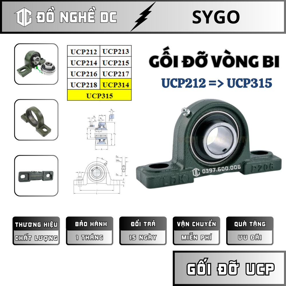 Gối đỡ vòng bi, gối đỡ bạc đạn UCP SYGO UCP212, UCP213, UCP214, UCP215, UCP216, UCP217, UCP218 ...