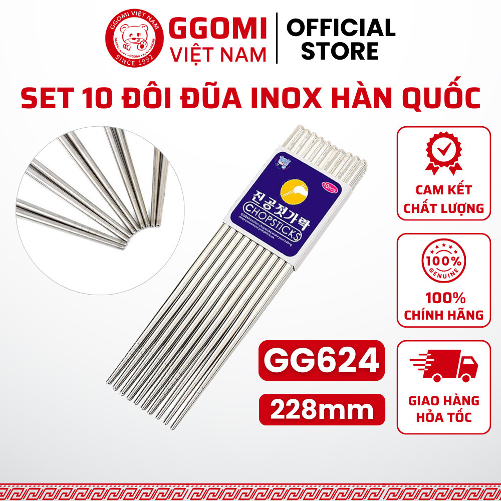 Set 10 đôi đũa inox 420 Hàn Quốc 28cm GGomi GG624 hút chân không siêu nhẹ, chống ẩm mốc, bền đẹp ...