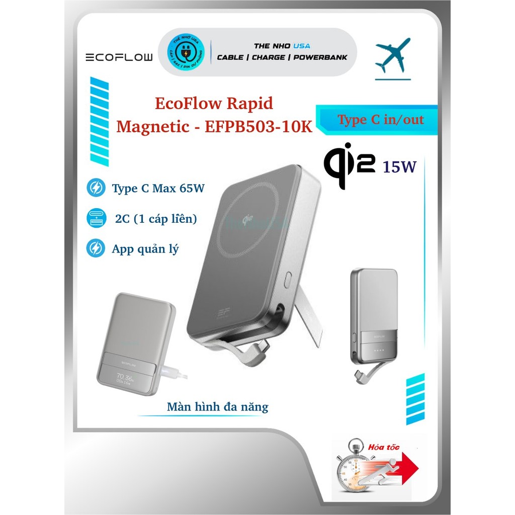 Sạc dự phòng không dây Ecoflow Rapid 10000mAh Qi2 15W liền cáp Type C 65W màn Led có App quản lý ...