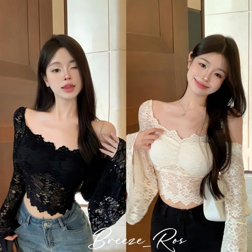 BREEZE_ROS Áo Sơ Mi Thời Trang Nữ Áo Ren Trễ Vai Tay Loe | Shopee Việt Nam