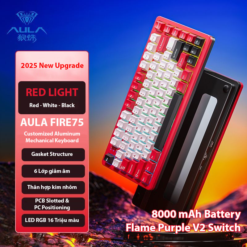 [AULA Fire75] Bàn phím cơ khung nhôm AULA Fire75 - 3 Mode kết nối - Núm xoay hotswap - BH12T ...