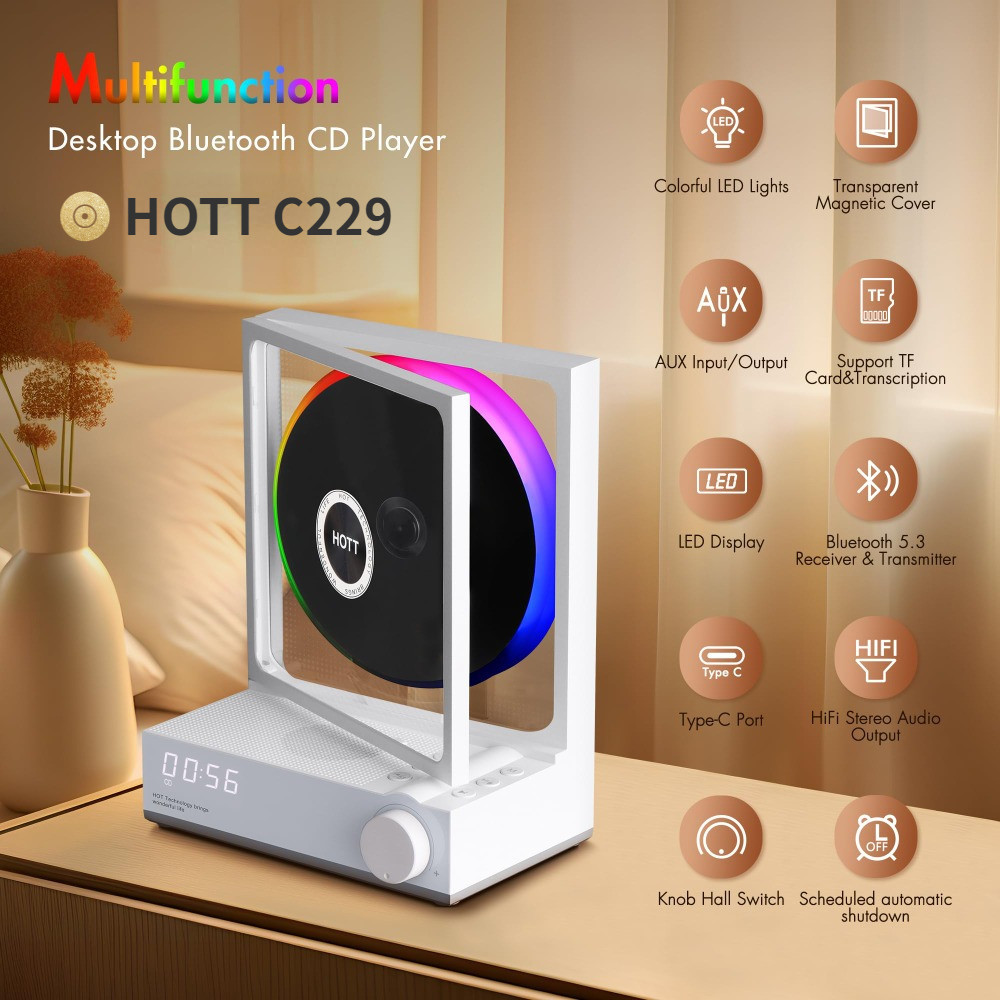 Hott C229 Retro HIFI CD Player Bluetooth hai chiều RGB Màu sắc rực rỡ ...