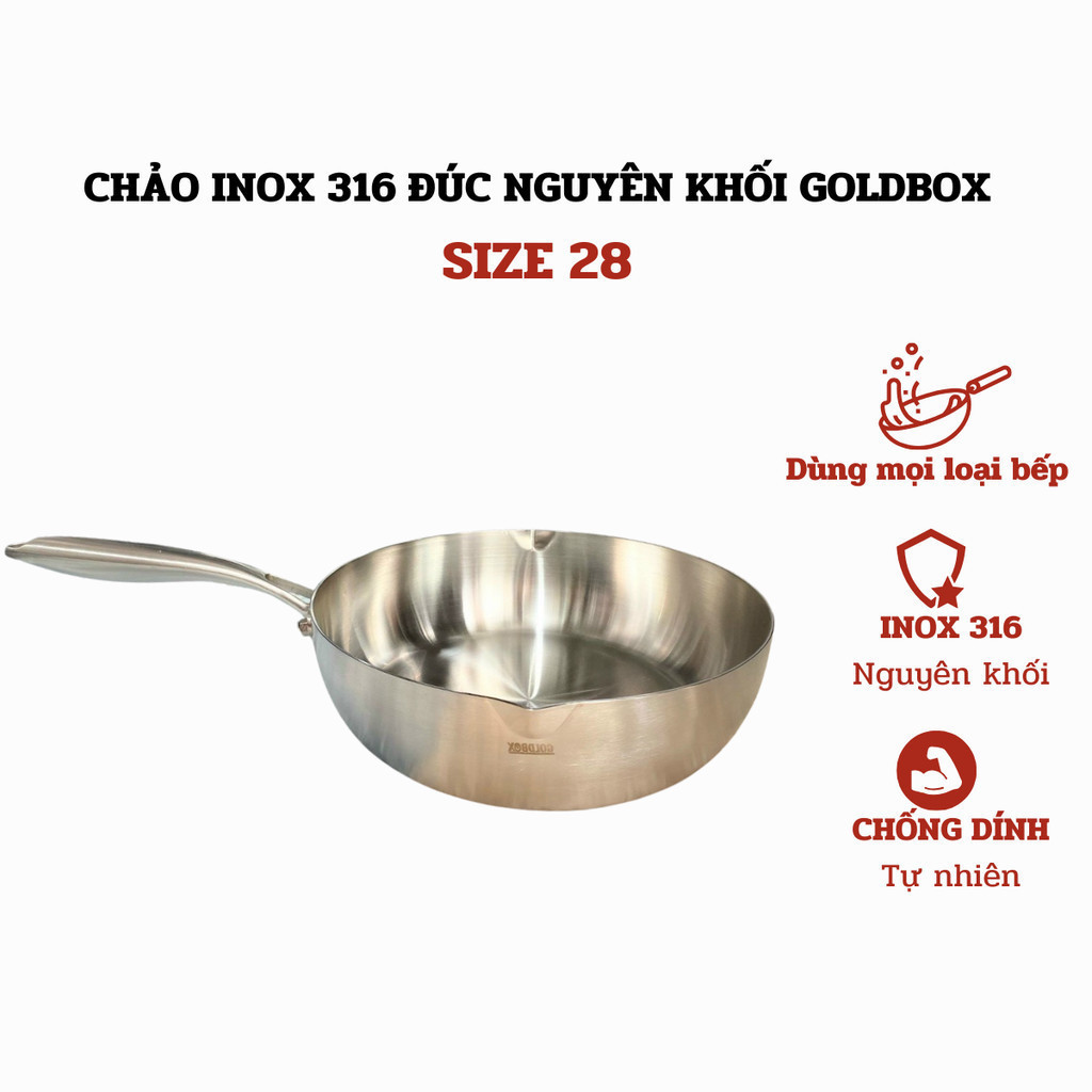 Chảo Chống Dính Sâu Lòng, Chảo Inox 316 Nguyên Khối Goldbox Size 28cm Kèm Nắp Kính Cường Lực ...