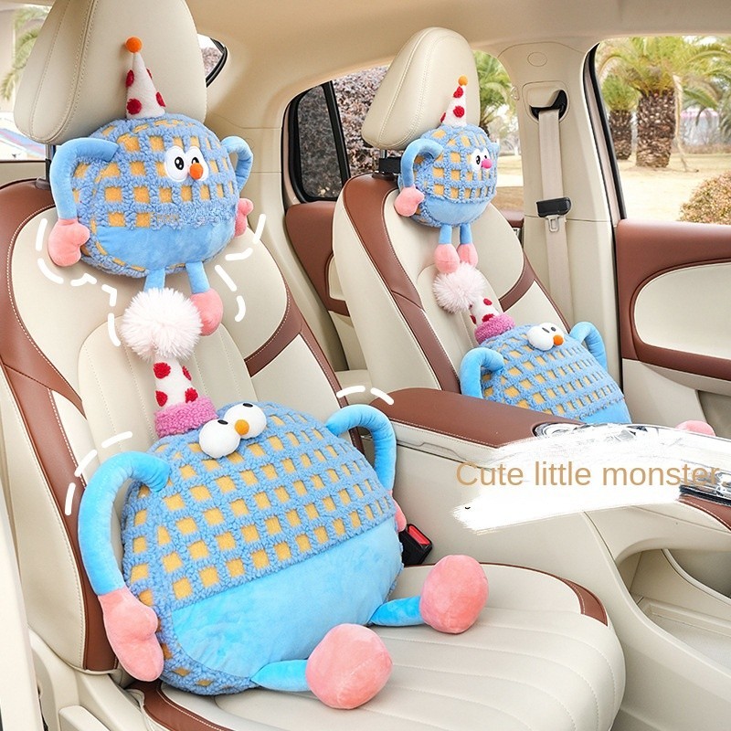 Blue Little Monster Car Headrest Plush Comfortable Car Neck Pillow Back ...