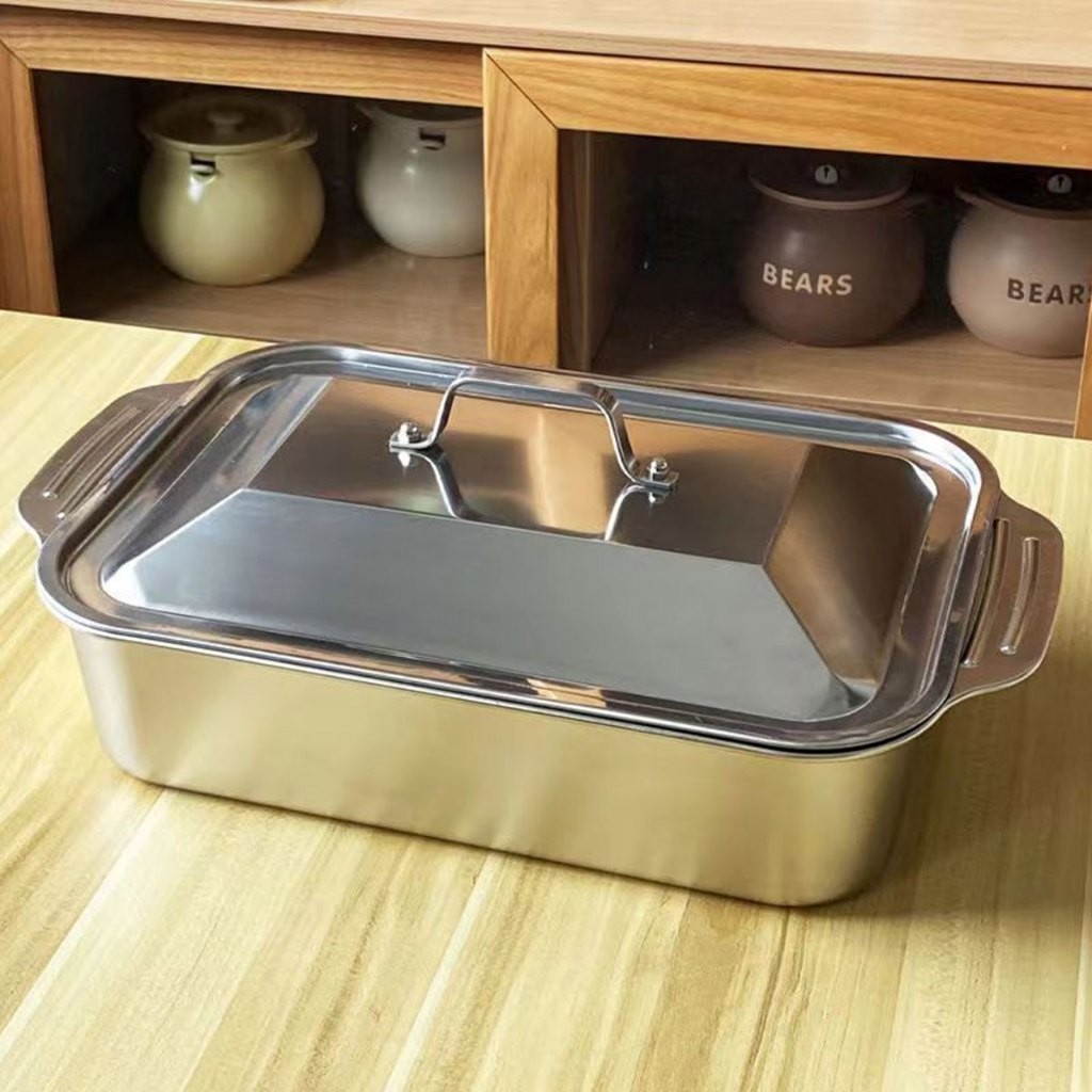 Khay hấp inox có nắp đa năng đựng thịt nướng, khay hấp cá nấu lẩu bê đồ ...