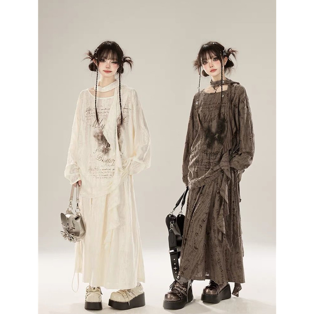 Bộ Hai Áo Thun Dài Tay Rách Rộng Rãi Chân Váy Màu Xám Đất Hoang Phong ...