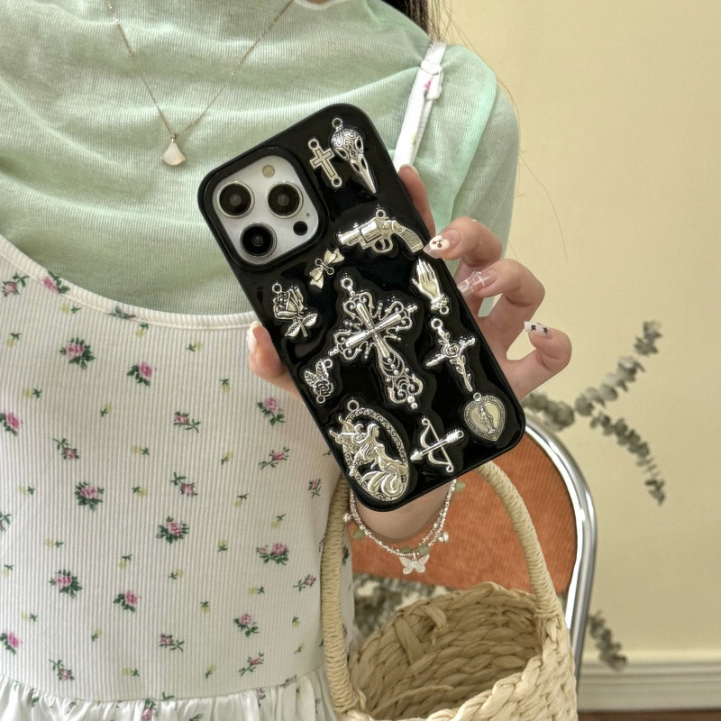 Ốp lưng màu đen phụ kiện bạc 3D cho iPhone 12 13 14 15 12Pro 13Pro 14Pro 15Pro 15Pro 15Promax ...