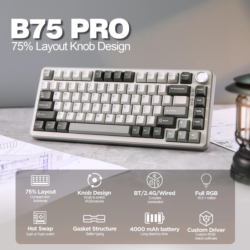 Bàn phím cơ không dây YUNZII B75 Pro 75% GASKET RGB Bàn phím tùy chỉnh có thể hoán đổi nóng có ...
