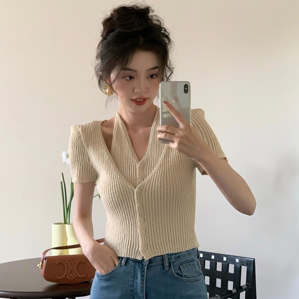 Balamy SYT Tất Cả Trận Đấu Người Chơi Pháp Slimfit Slimmer Nhìn Đan Tay Ngắn Nữ Mùa Hè Cổ Chữ V ...