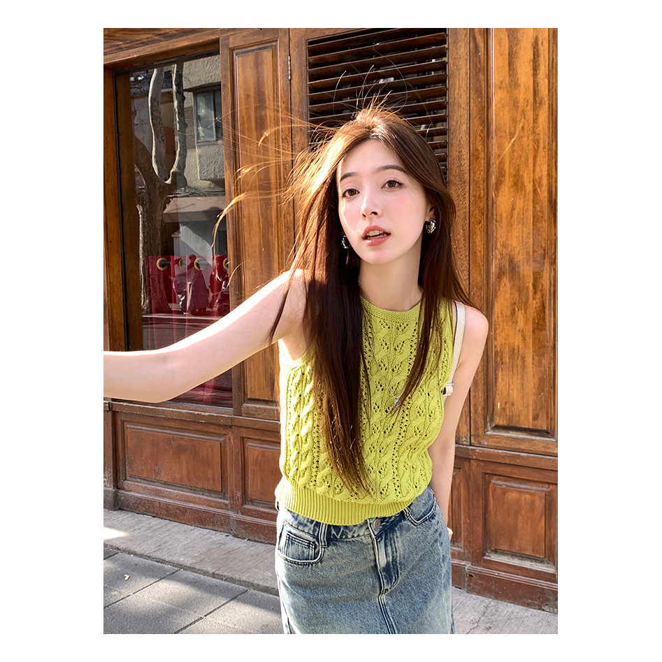 Balamy Lime Bubble Cotton Dệt Kim Áo Sơ Mi Nhỏ Camisole Nữ Mùa Hè Phù Hợp Với Cổ Tròn Lười Không ...