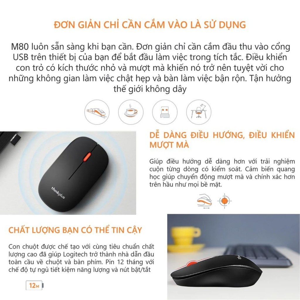 Chuột Không Dây Lenovo Thinkplus M80 - USB, Nhỏ Gọn, Thuận Cả 2 Tay, Phù Hợp PC/Laptop/Máy Tính ...