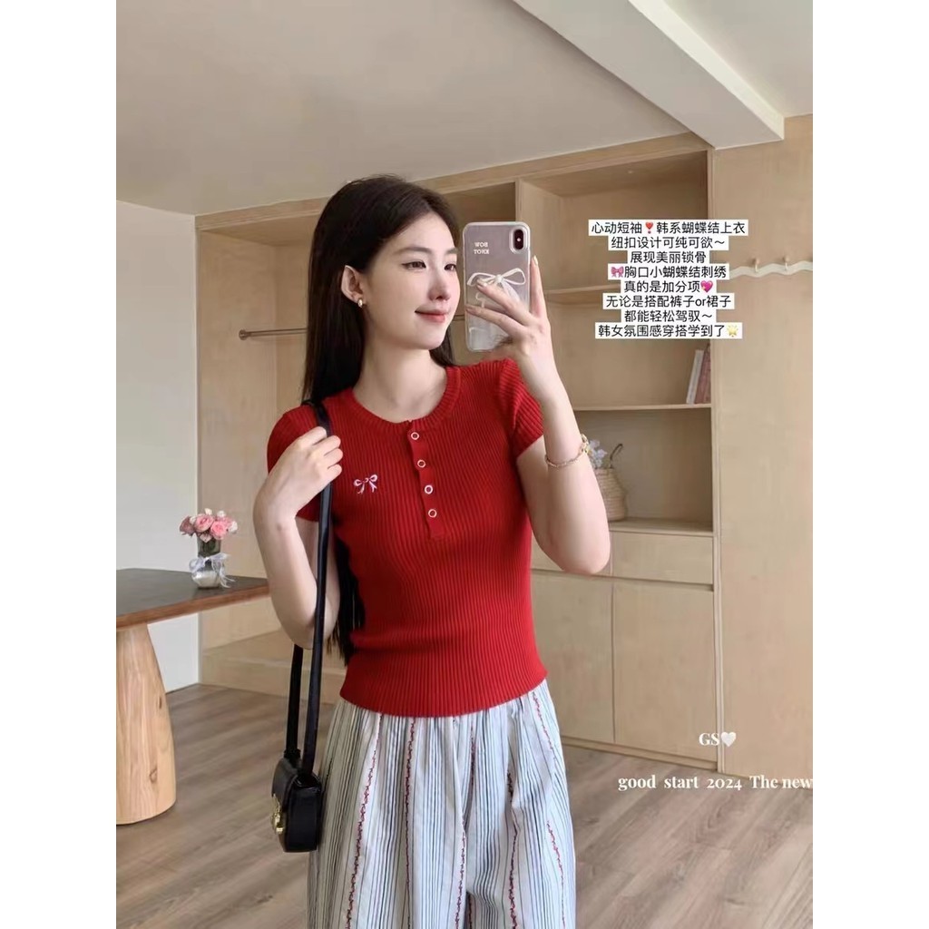 Balamy Mùa Hè Phong Cách Mới Tinh Khiết Desire Phong Cách Slim-fit Ôm Hơn Nhìn Nơ Thêu Áo Len ...