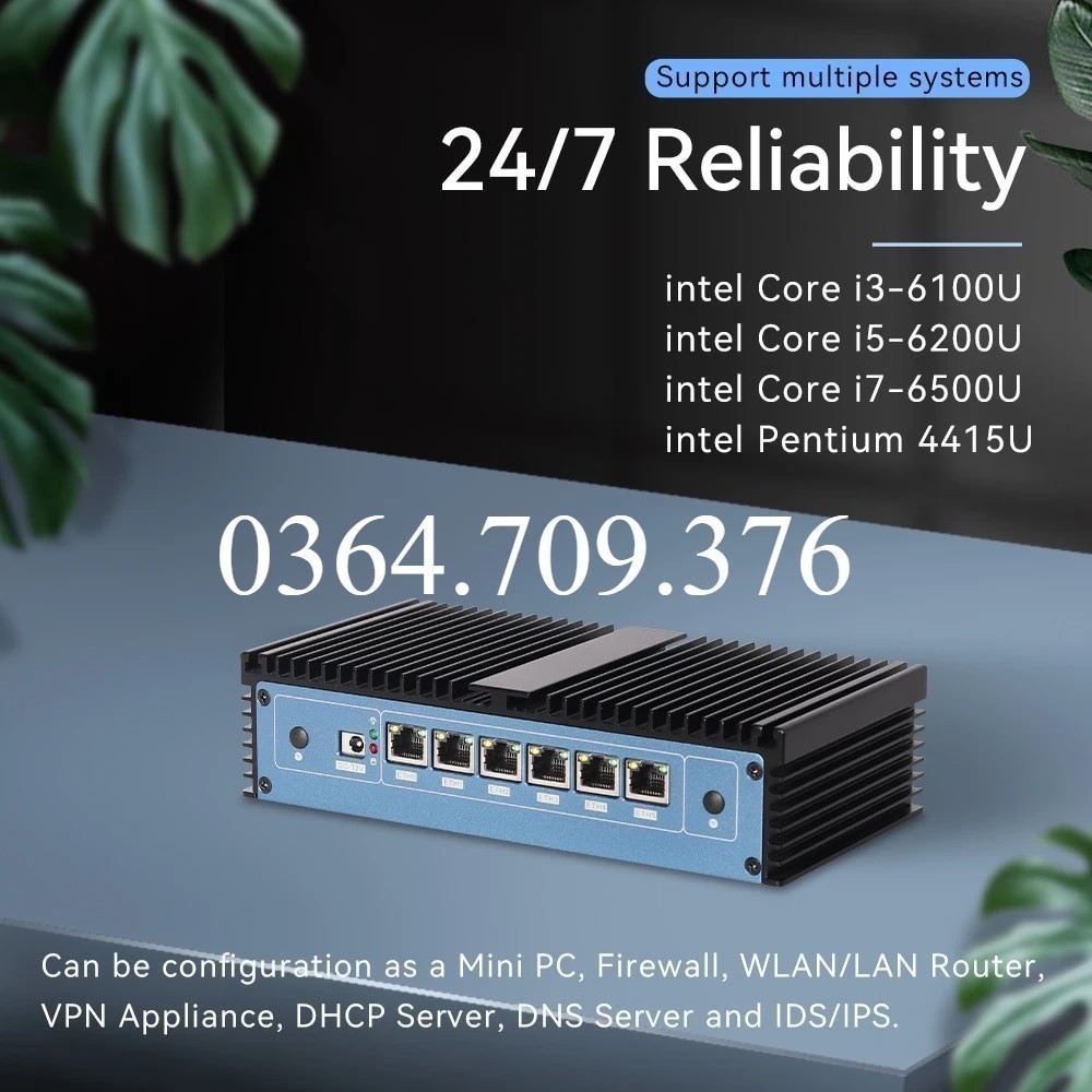I7-6500U Intel Core PC mini tường lửa xcy pfsense 6x Intel i211at cổng LAN hỗ trợ wifi 4G Sim ...