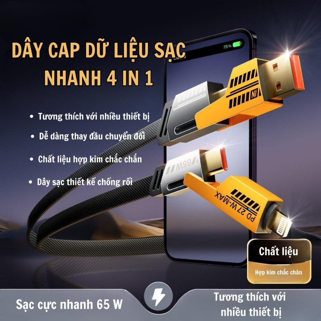 Cáp Sạc Nhanh 4in1 PD27W-65W Dây Dù ( Sạc nhanh PD27W-65W Max, Dây Dù ...