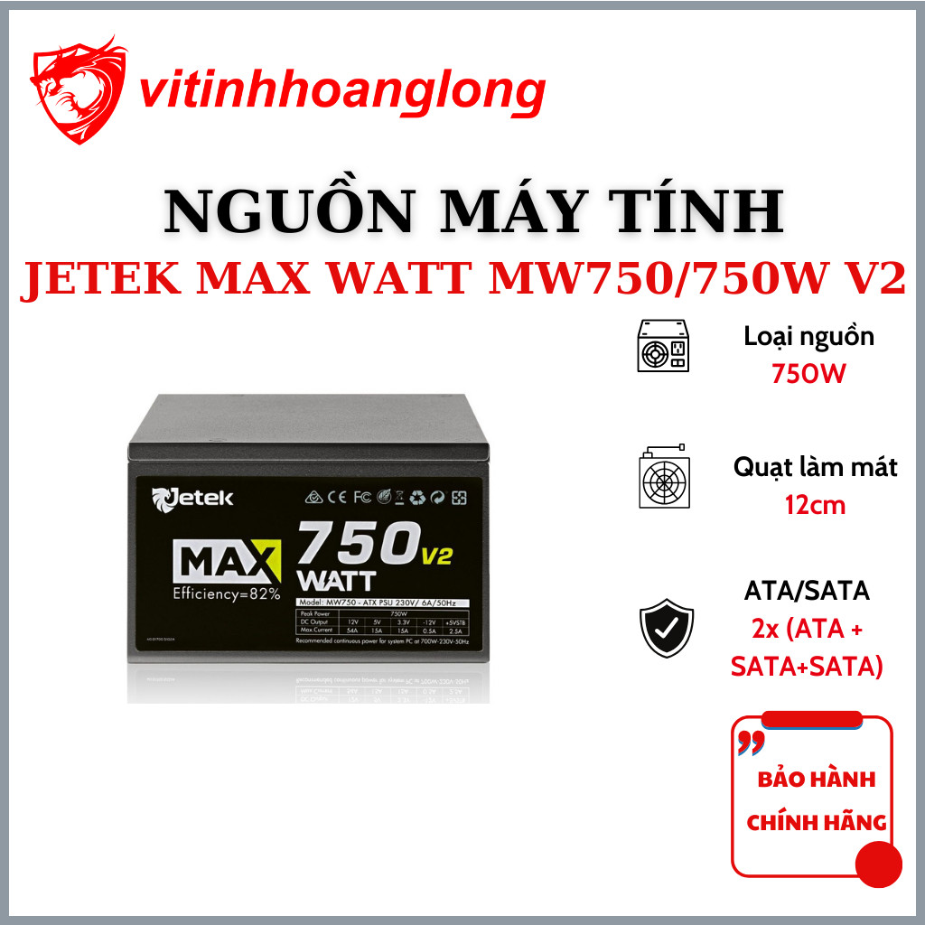 Nguồn JETEK MAX WATT MW750/750W V2 CHUYÊN DUAL XEON (dây bẹ đen, 1 dây có 2 đầu CPU), Bảo hành ...