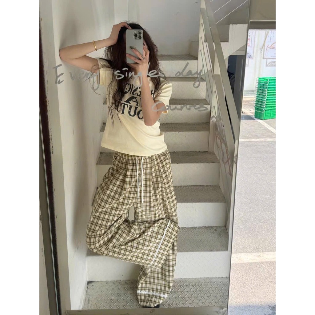 [Ảnh thật] quần kẻ suông cạp ren 6116-CAMkorea | Shopee Việt Nam