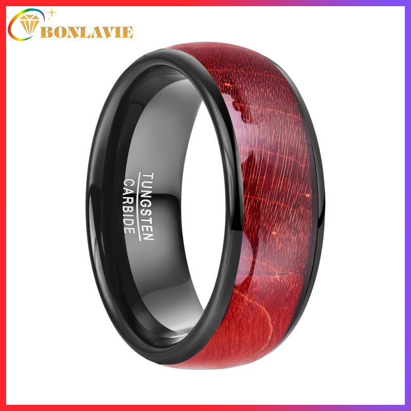 Bonlavie [Hỗ trợ khắc] Nhẫn vonfram đen dành cho nam Vỏ gỗ Burl màu đỏ ...