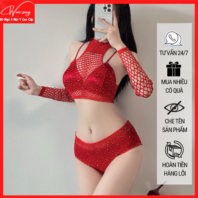 Bộ đồ lót lưới quyến rũ đính đá lấp lánh kèm găng tay T1051 [CWEAR.SEXY_ĐỒ NGỦ & NỘI Y CAO CẤP ...