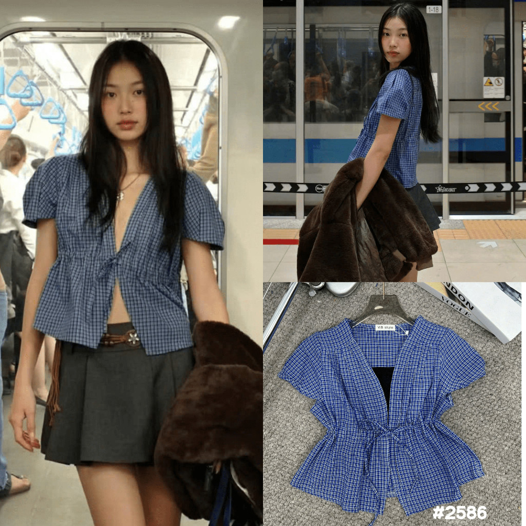 Áo kiểu Cổ V kẻ caro kiểu dáng buộc nơ rút eo A2586/2470 | Shopee Việt Nam