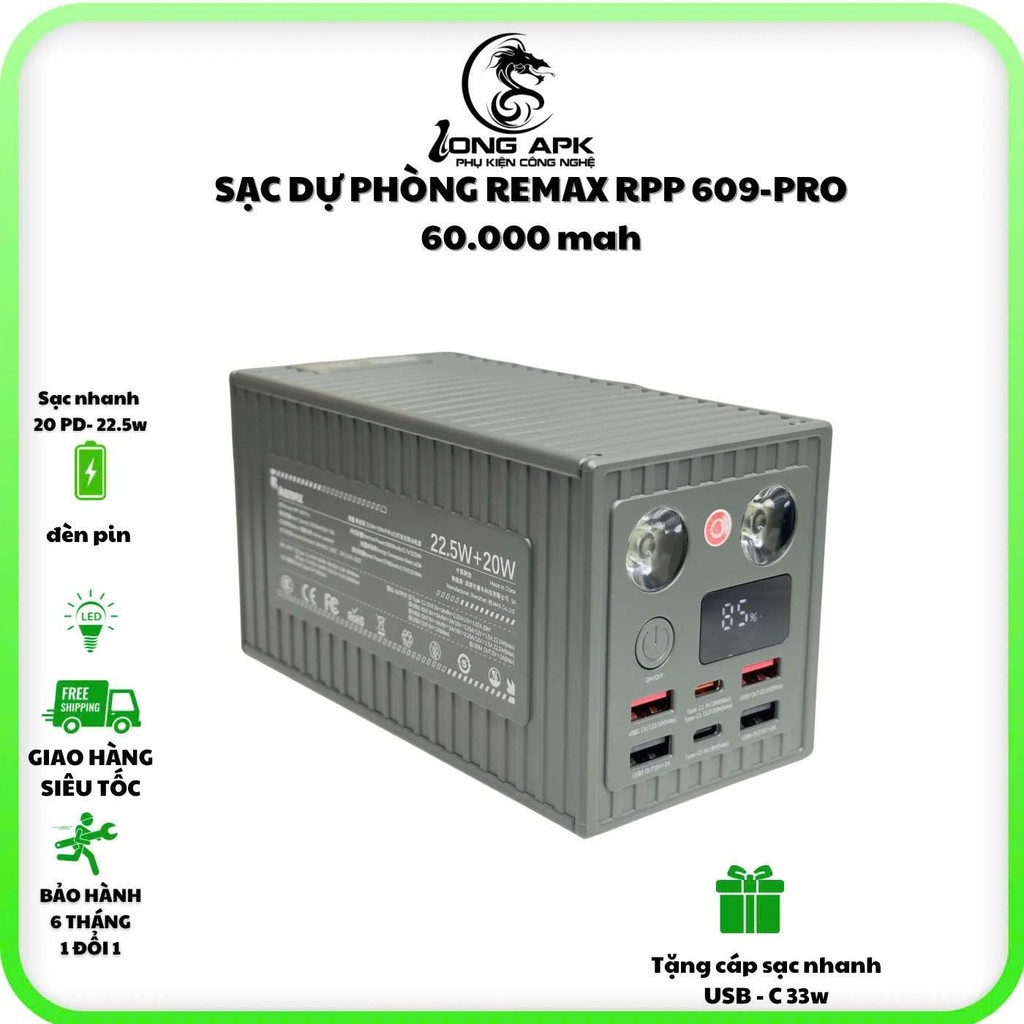 Pin sạc dự phòng 60.000 mah REMAX RPP 609 PRO sạc nhanh 22.5w - 20w PD | Shopee Việt Nam