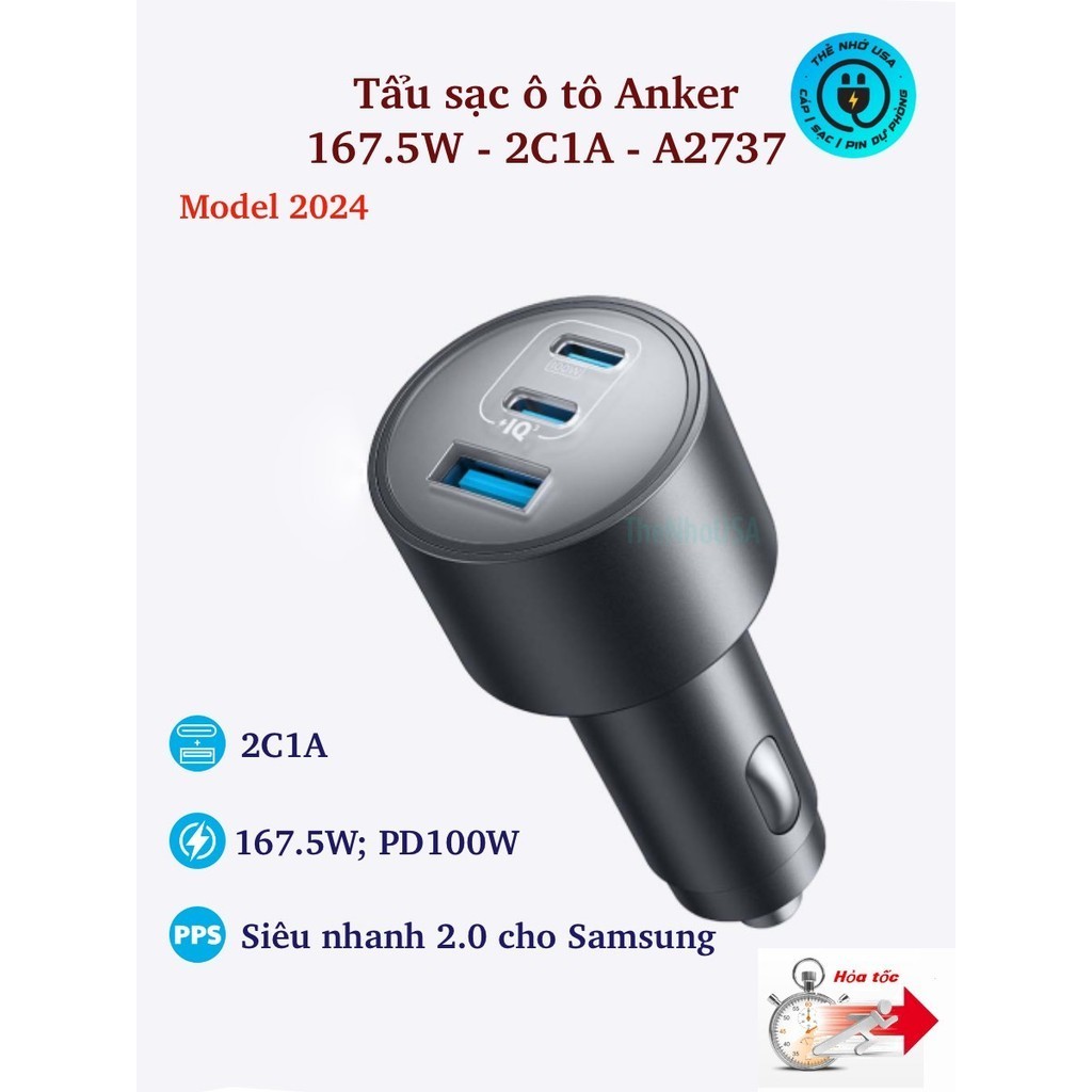 Tẩu sạc nhanh ô tô Anker 167.5W A2737 3 cổng 2C1A PD PPS5A QC AFC FCP ...