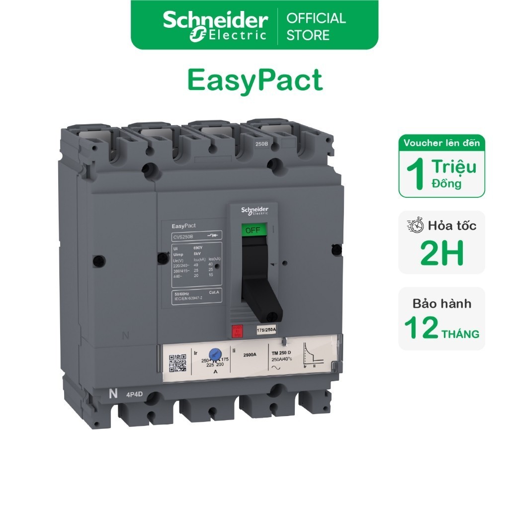 Aptomat dạng khối 4P3d MCCB Schneider EasyPact CVS100B dòng cắt 25kA, 415VAC 63A bộ ngắt TM-D ...
