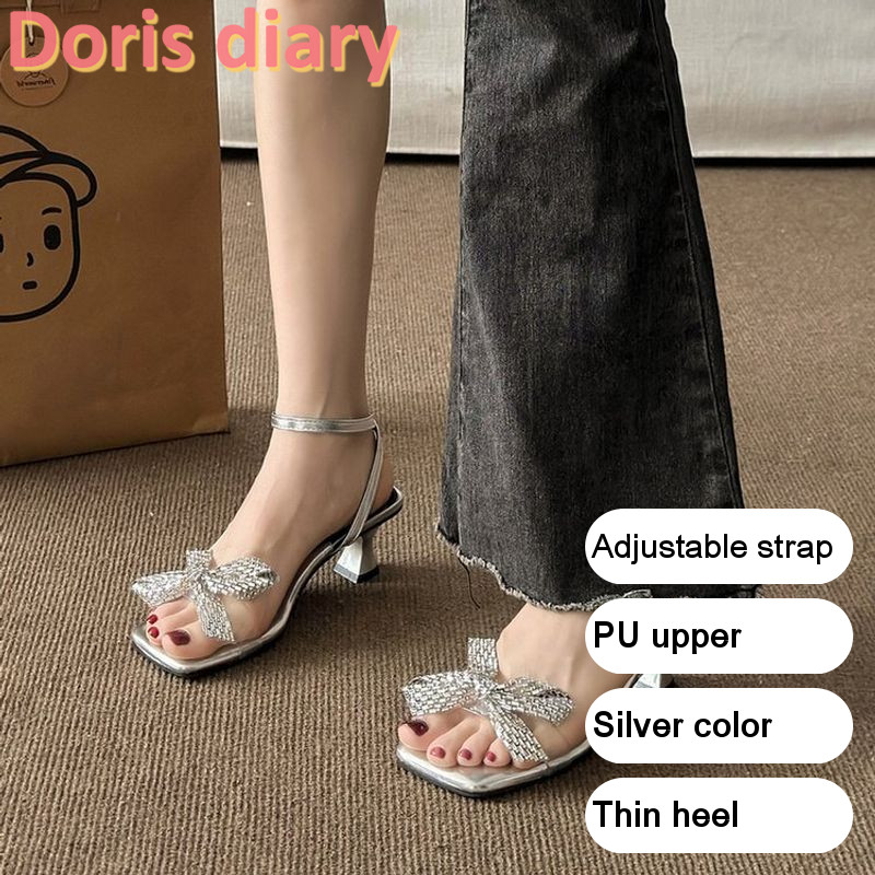 [Nhật ký Doris] Dép đính đá mũi vuông sành điệu có dây đeo khóa màu bạc ...