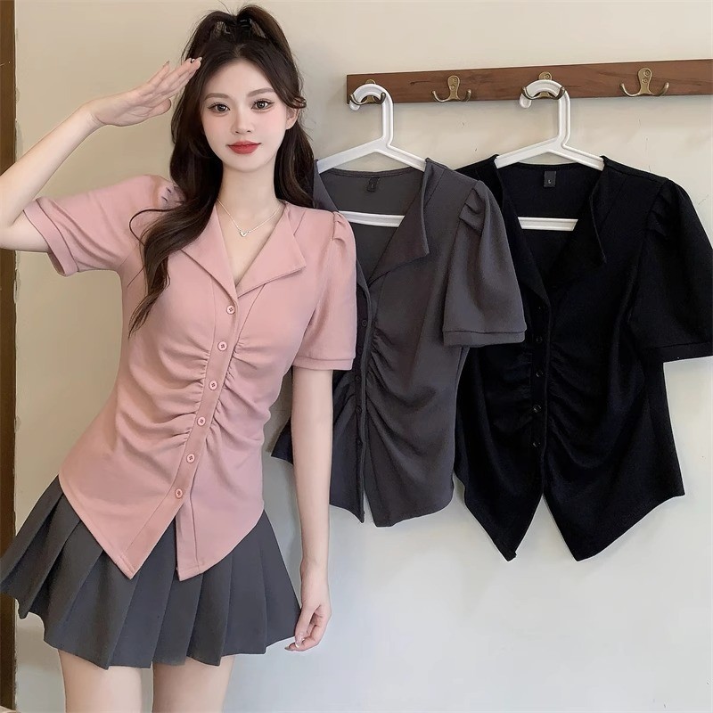 [Mr] [Áo thun Oversize] (40-110kg) Áo sơ mi nữ tay ngắn kiểu Pháp cổ áo ...