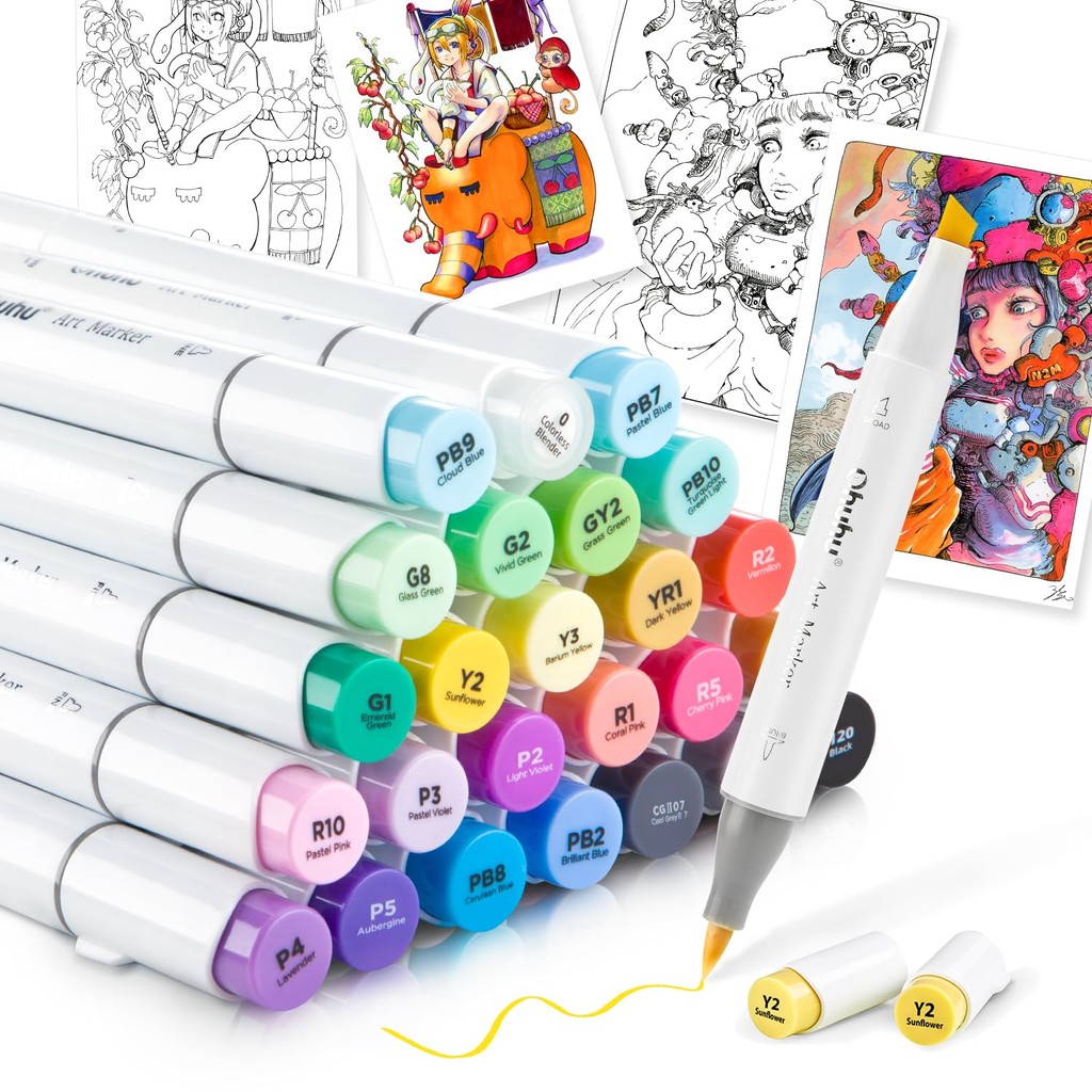 Ohuhu Brush Marker Pen Set - 24 Colors, 25 Pieces - Professional ...