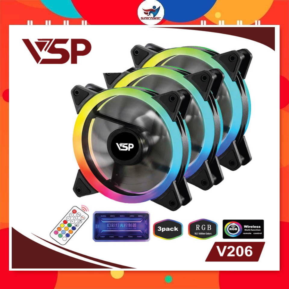 Bộ Kit 3 Fan case VSP V206, V206B LED RGB (1 hup/ 1 remote/ 3c Fan) | Shopee Việt Nam