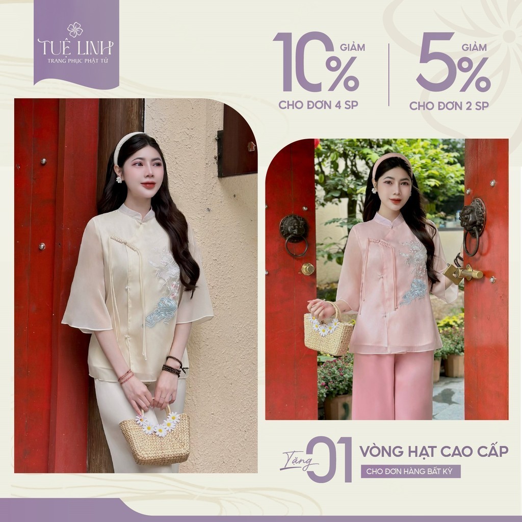 [B71] Đồ lam, bộ pháp phục, set quần áo đi lễ chùa nữ Tuệ Linh vải voan cổ tàu thêu hạc cúc tết ...