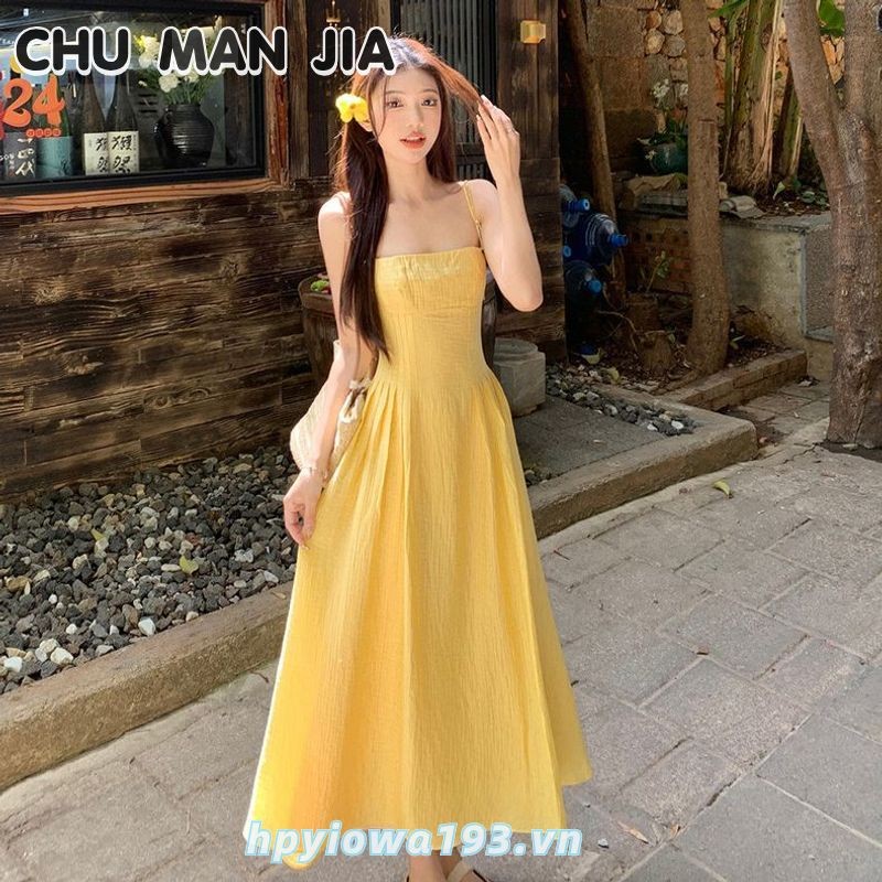 Chu MAN JIA Đầm Gallus màu vàng nhỏ phong cách Pháp dành cho nữ ...
