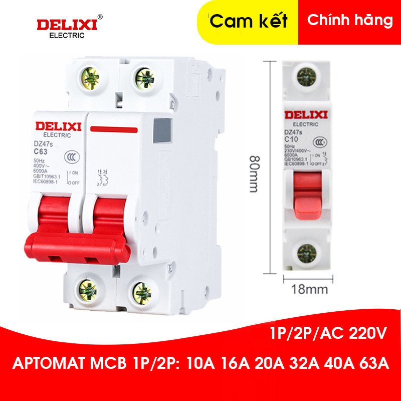 Át 1P 2P 10A đến 63A 100A 220V aptomat DELIXI át cài ray Aptomat mcb 2p DELIXI, át tô mat, cb AC ...