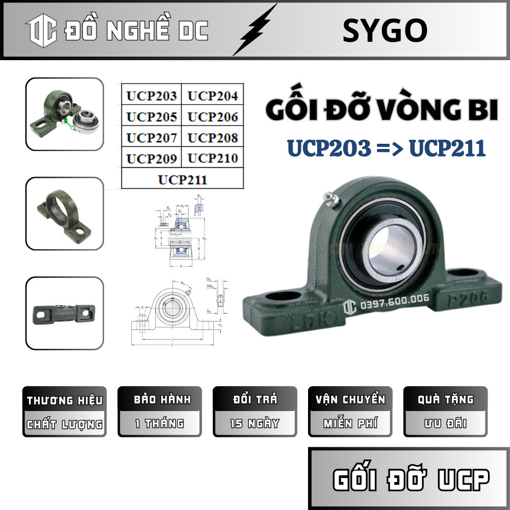 Gối đỡ vòng bi, gối đỡ bạc đạn UCP SYGO UCP203, UCP204, UCP205, UCP206, UCP207, UCP208, UCP209 ...