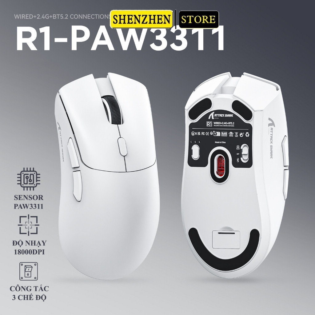 Chuột Bluetooth Không Dây Chip PAW3311 Attack Shark R1 18000DPI 3 Mode Kết Nối Có App | Shopee ...