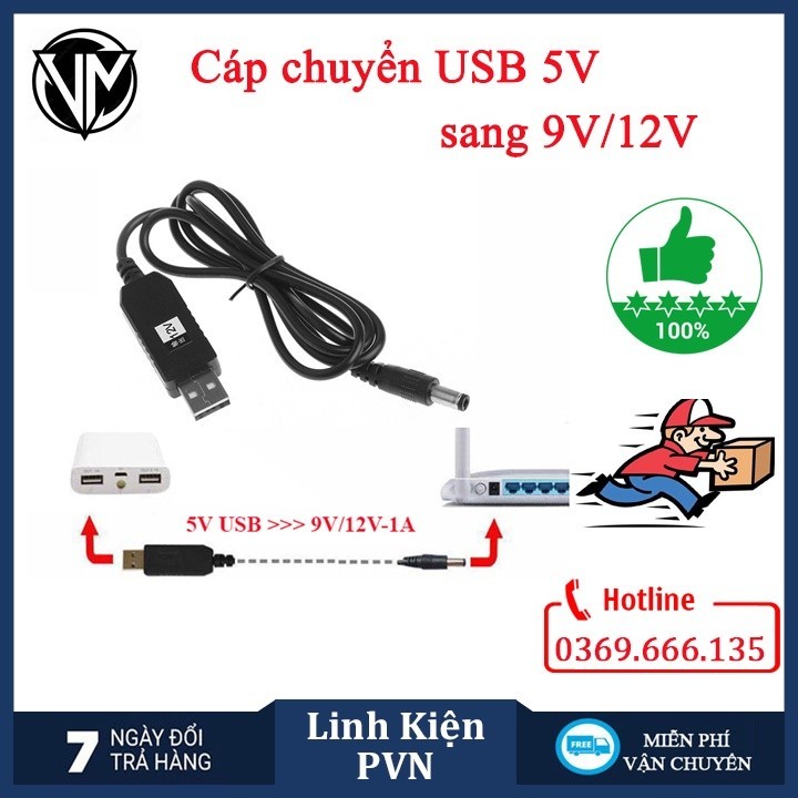 Cáp chuyển đổi điện áp 5v sang 9V hoặc 12V (dùng cho modem Wifi - Cúp ...