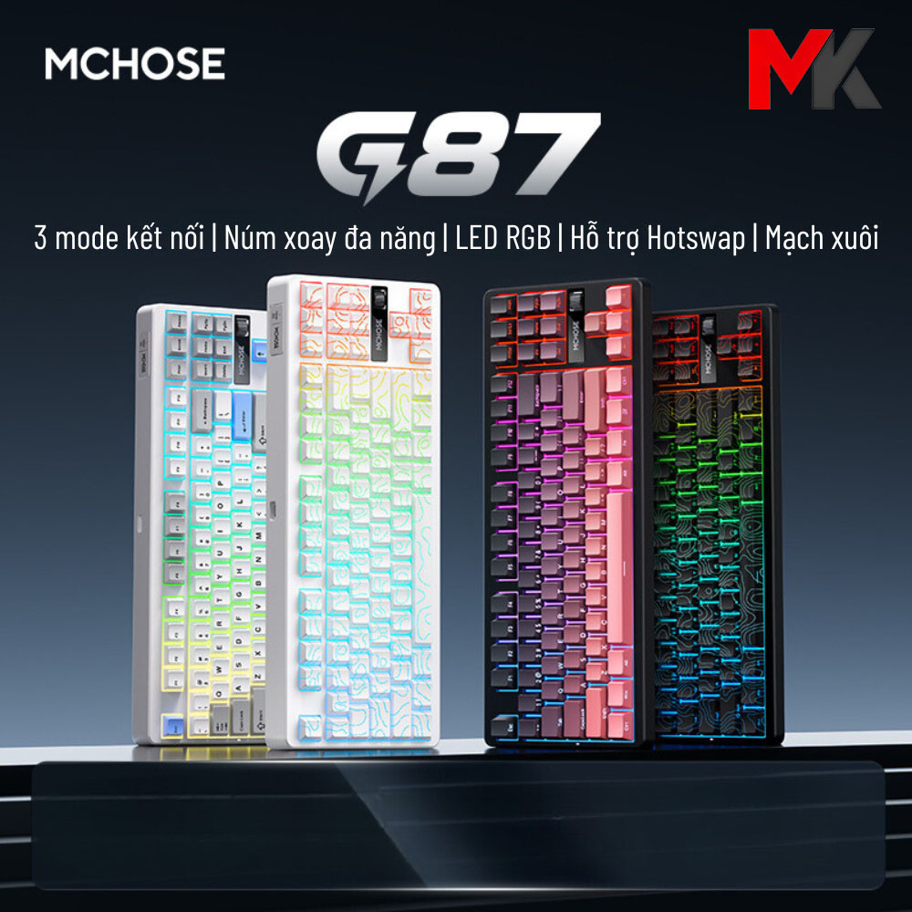 Bàn phím cơ Mchose G87 - 3 mode, RGB, hotswap - Layout TKL - Có núm xoay đa năng - Mạch xuôi ...