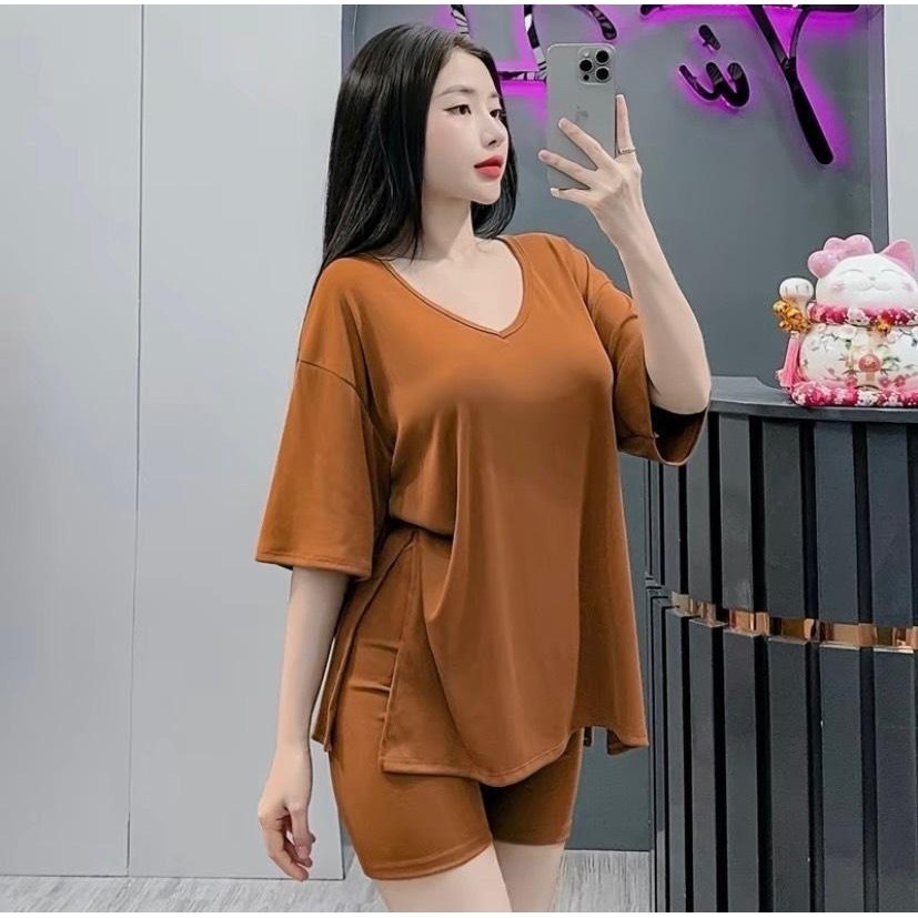 Set Đồ Bộ Nữ Thun TĂM LẠNH Quần Ngố + Áo FORM RỘNG CỔ TIM xẻ tà (Bigsize 45-75kg) | Shopee Việt Nam