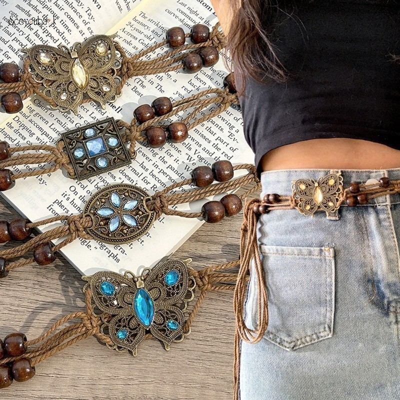 Thời Trang Bohemian Phong Cách Dân Tộc Bướm Zircon Hạt Gỗ Bện Thắt Lưng Dây Thắt Lưng Kỳ Nghỉ ...