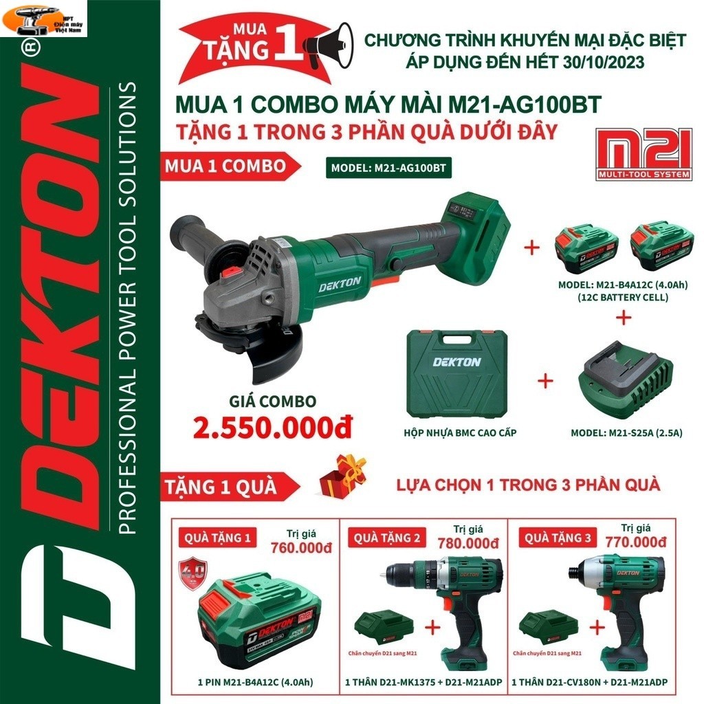 Máy Mài Dùng pi.m Dekton 100mm KHÔNG CHỔI THAN / M21-AG100S / Chân pi.m Phổ Thông Makita hp điện ...