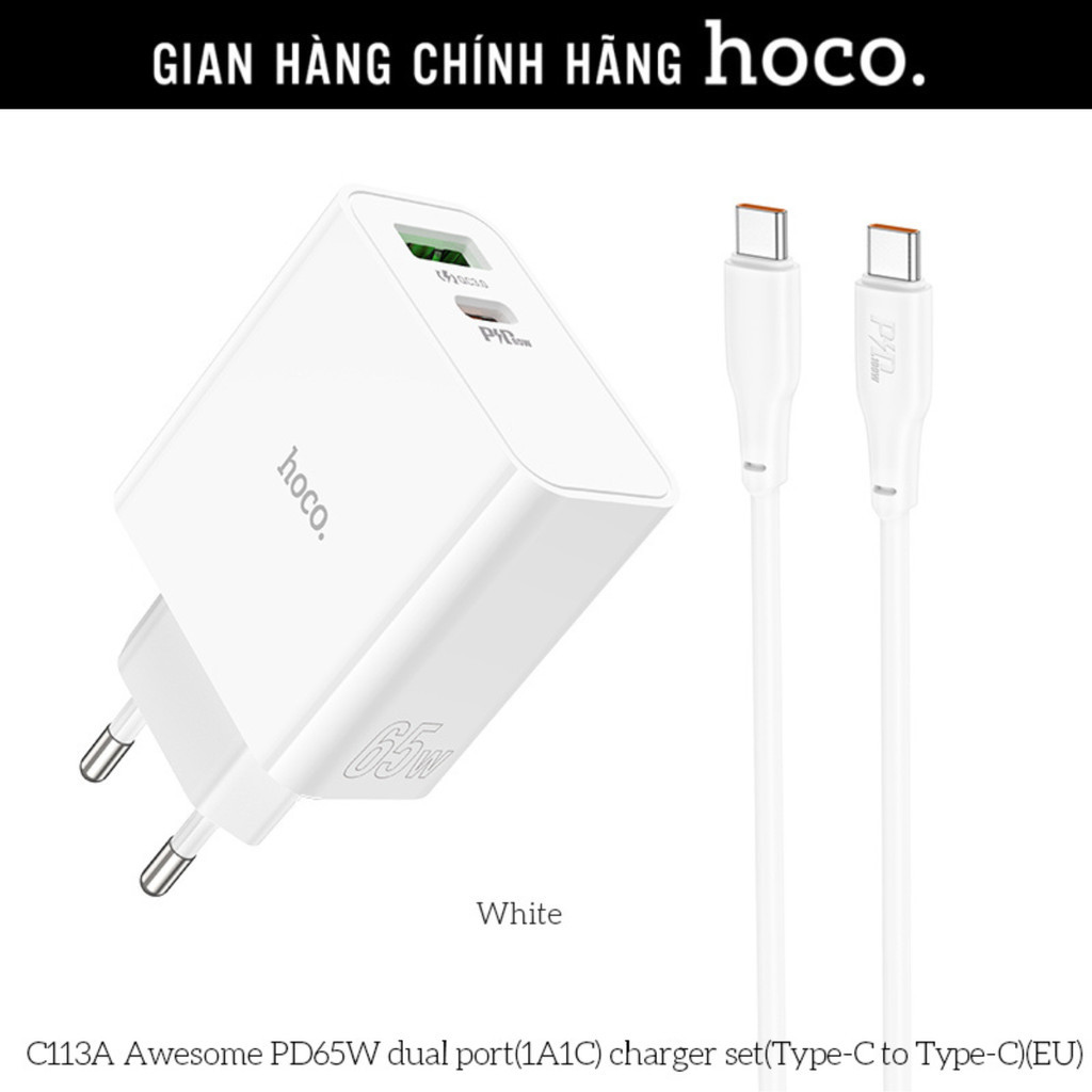 Bộ sạc 2 cổng 65W Hoco C113A (1 Type C + 1 USB), củ sạc kèm dây chống ...