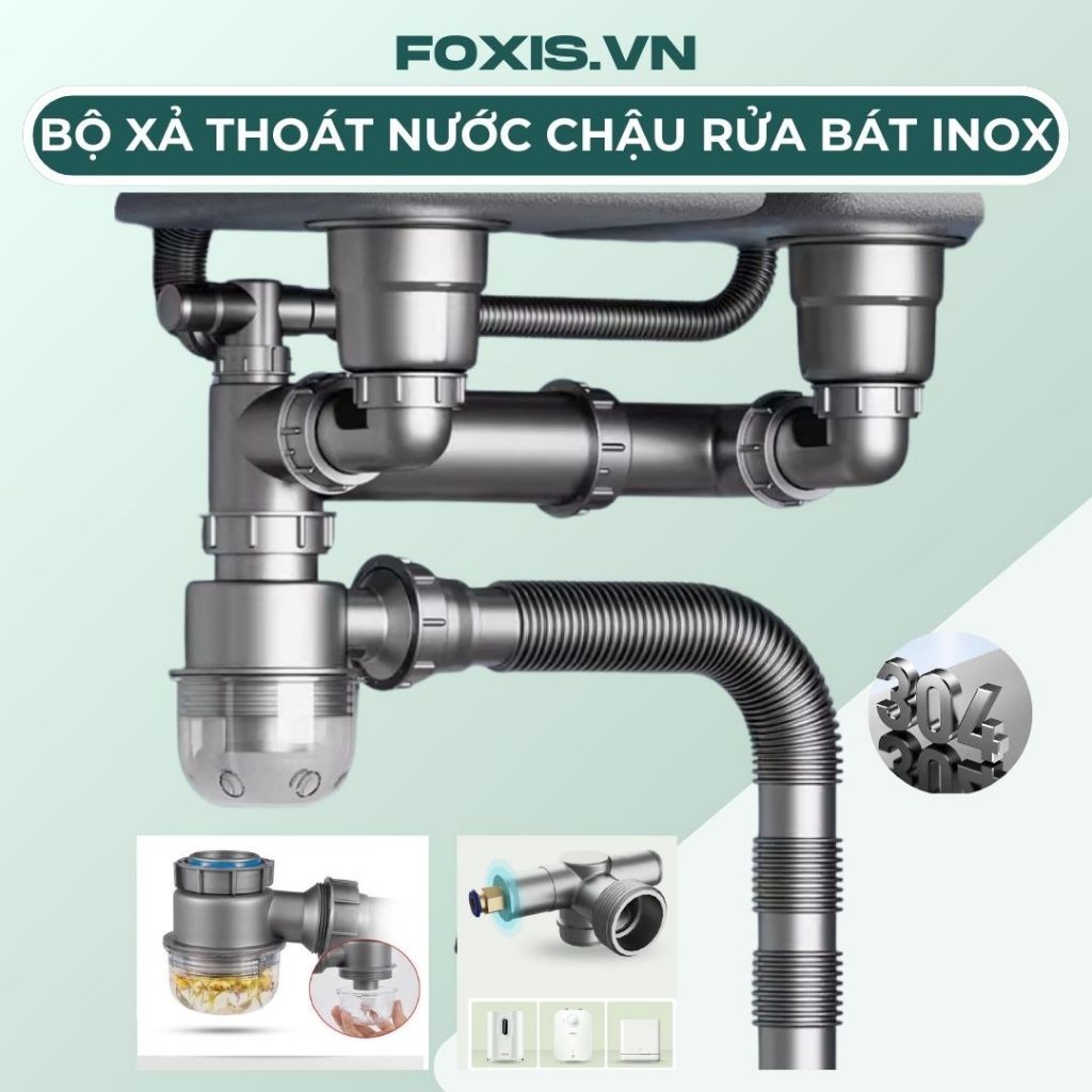 Bộ Xiphong Thoát Nước Chậu Rửa Chén Bát Inox 2 Ngăn, Thoát Nước Nhanh ...