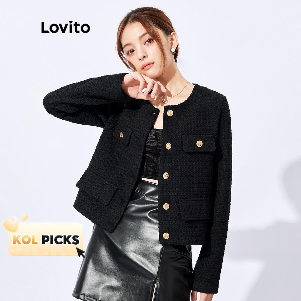 (KOL‘s pick) Áo khoác Lovito cổ tròn phối nút màu trơn phong cách Hàn ...