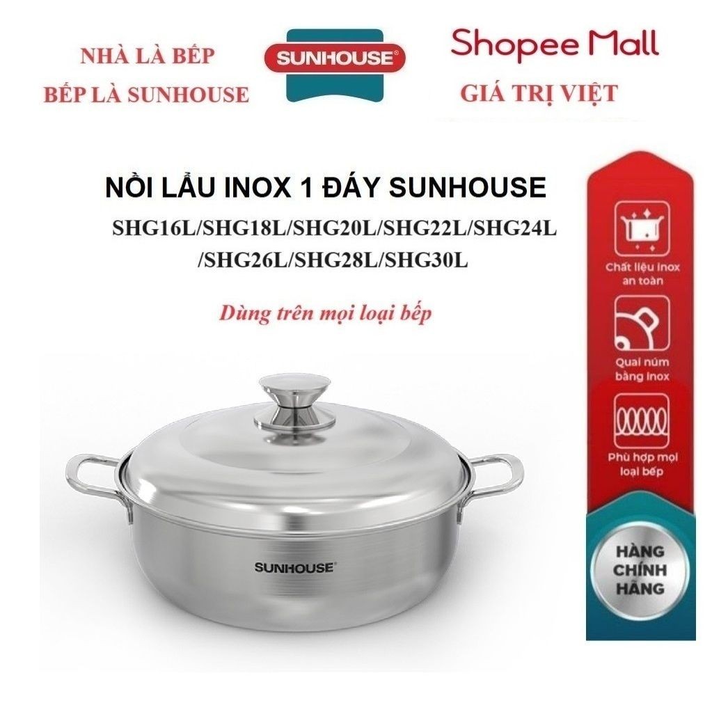 Nồi lẩu inox 1 đáy Sunhouse SHG16L/SHG18L/SHG20L/SHG22L/SHG24L/SHG26L/SHG28L/SHG30L | Shopee ...