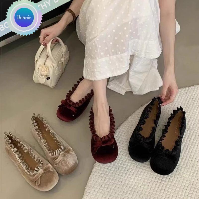 Bonnie Cathy Elegant Da lộn Ballet Flats Frill Bow Design Giày mũi tròn ...