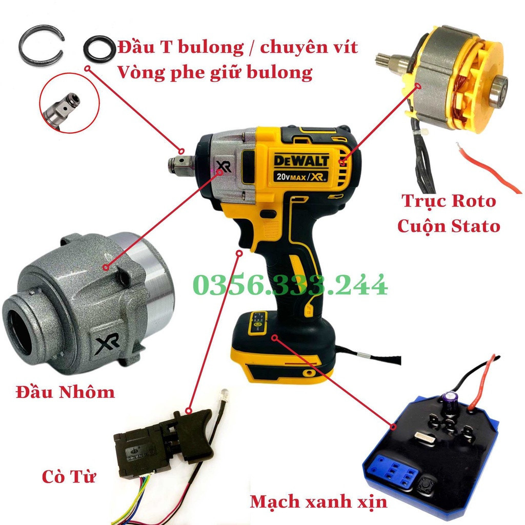 Linh kiện thay thế cho máy siết bulong Dewalt 20V không chổi than ( động cơ, công tắc, mạch, đầu ...
